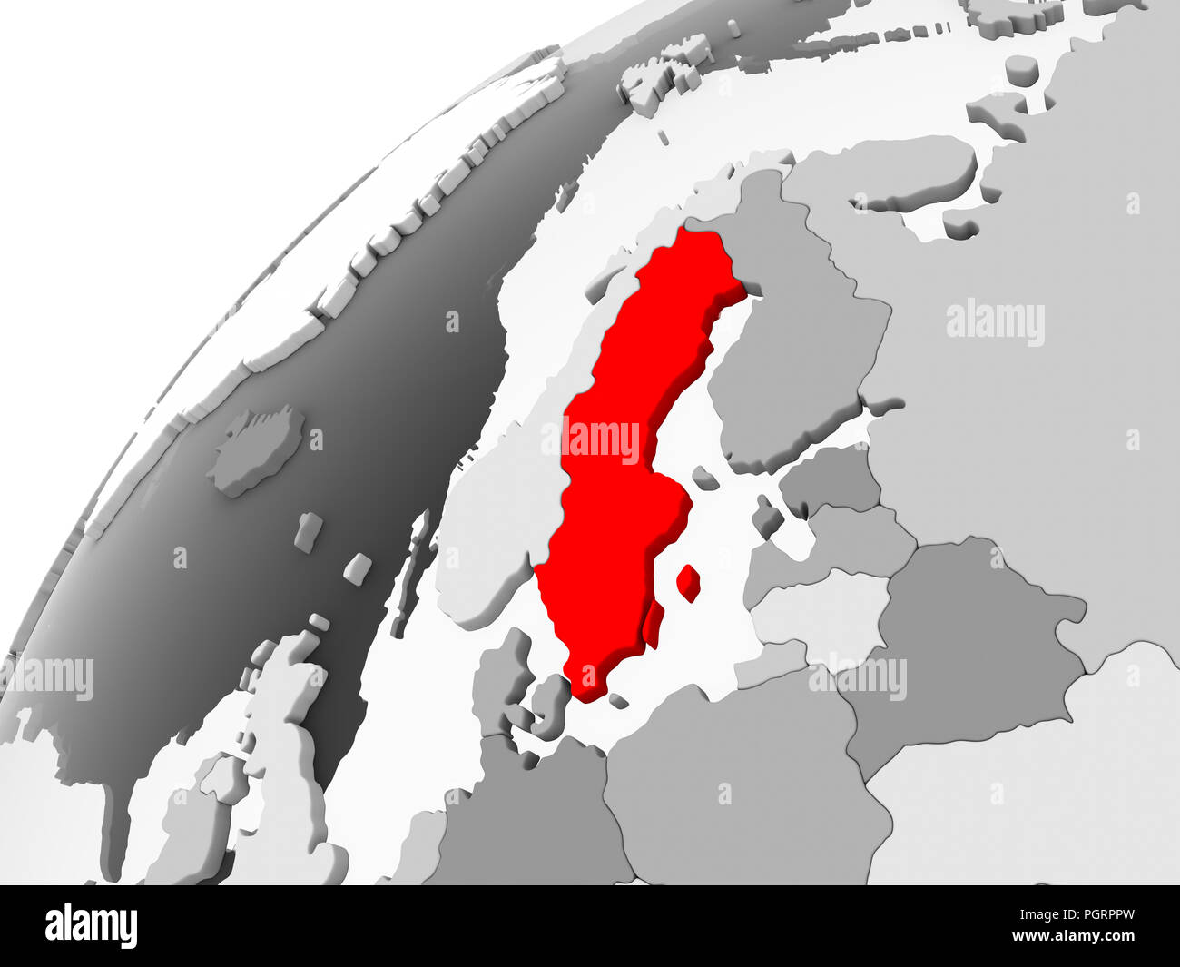 Map of Sweden in red on grey political globe with transparent oceans ...