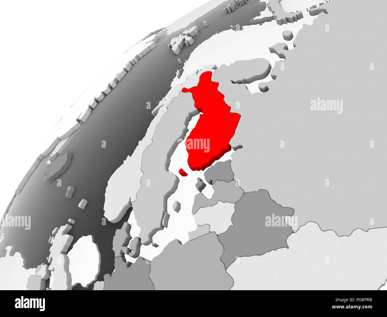 Map of Finland in red on grey political globe with transparent oceans ...