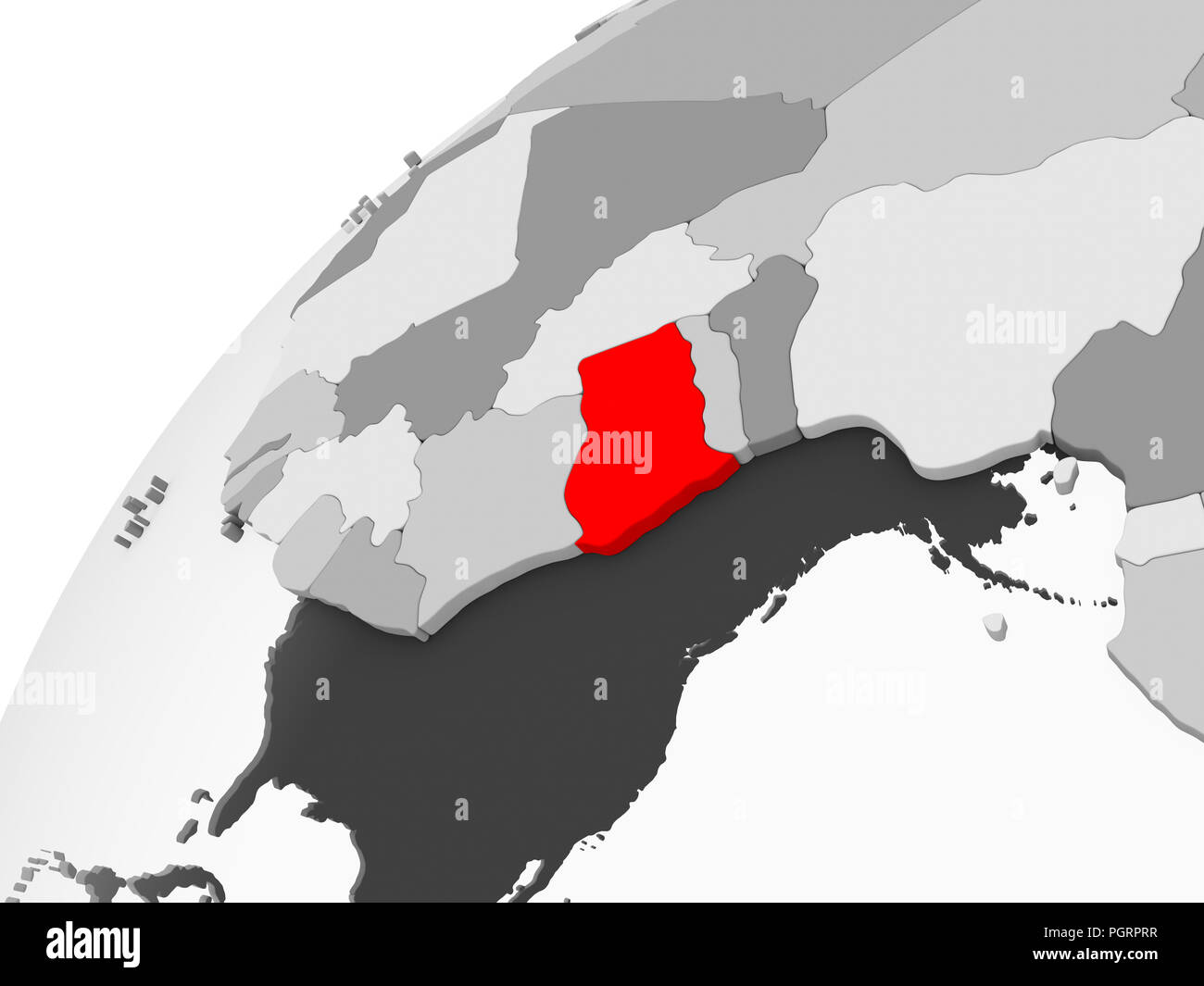 Map of Ghana in red on grey political globe with transparent oceans. 3D ...
