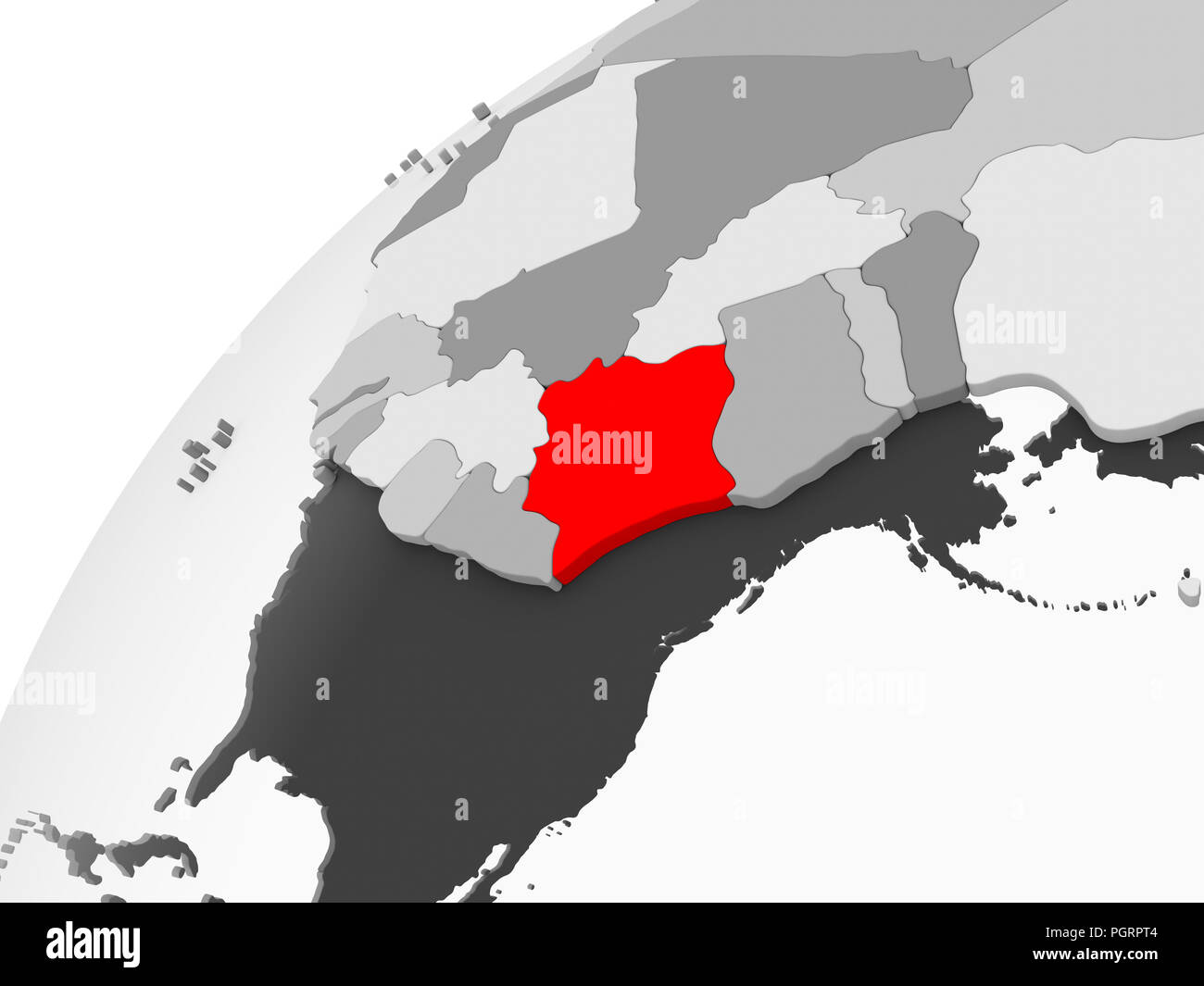 Map of Ivory Coast in red on grey political globe with transparent ...