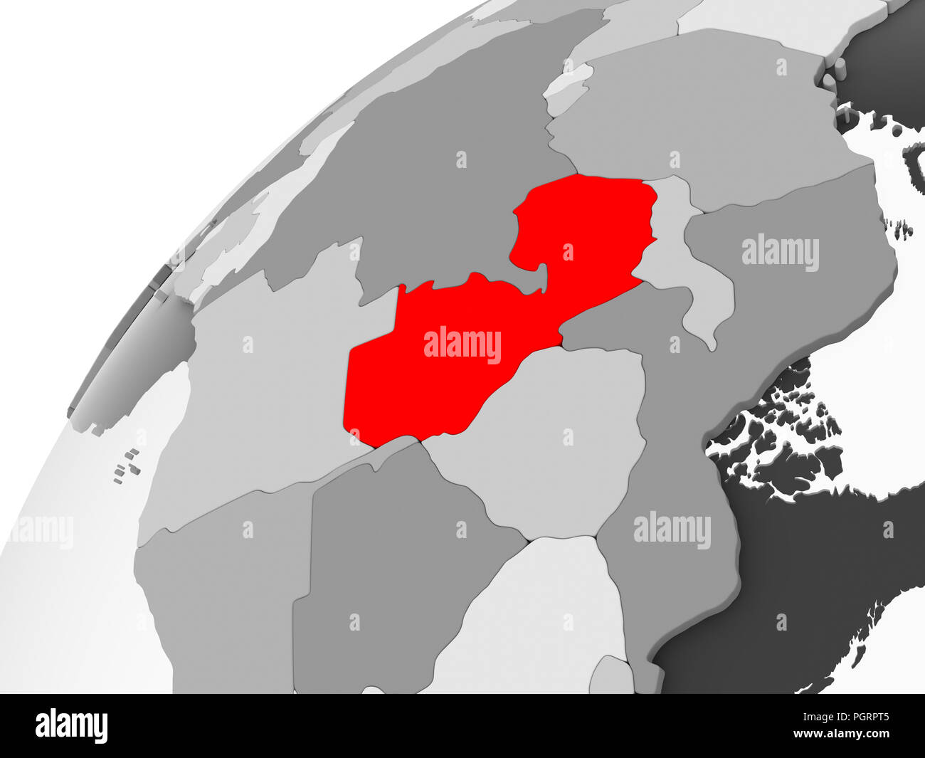 Map of Zambia in red on grey political globe with transparent oceans ...