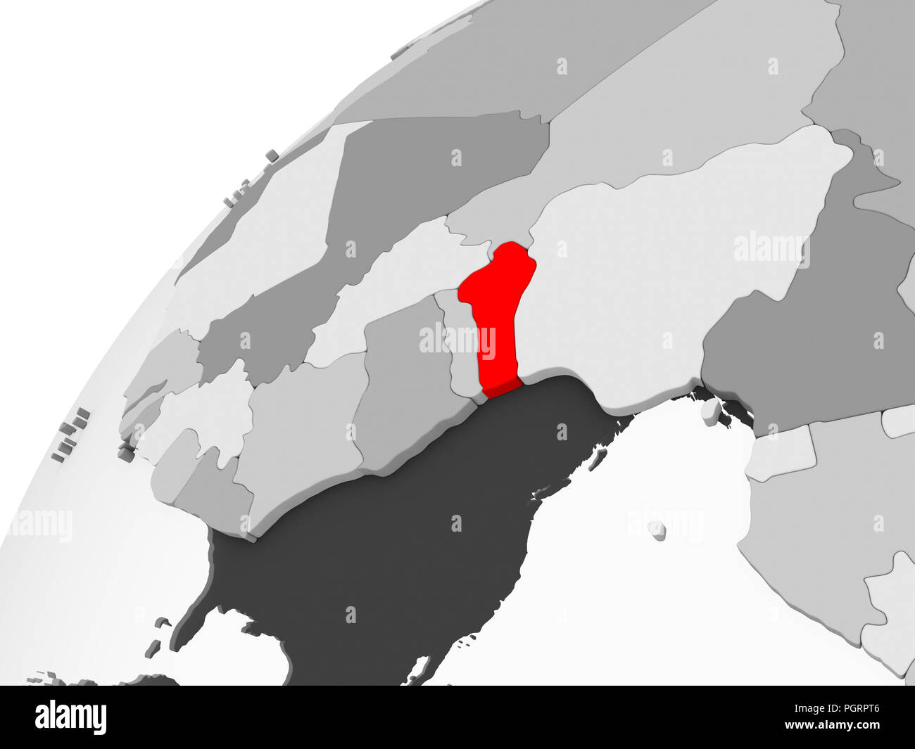 Map of Benin in red on grey political globe with transparent oceans. 3D ...