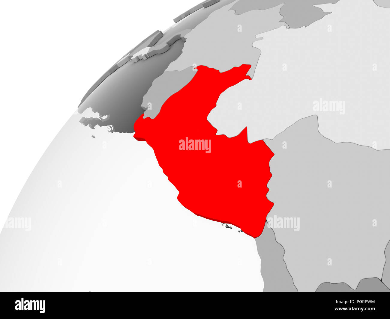 Map of Peru in red on grey political globe with transparent oceans. 3D ...