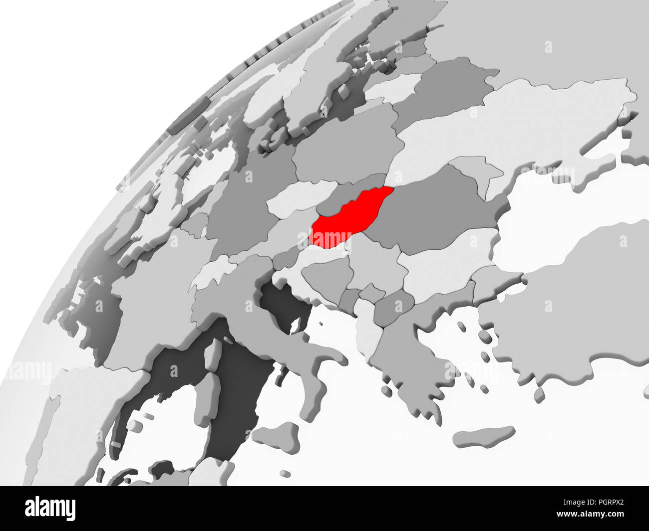 Map of Hungary in red on grey political globe with transparent oceans ...