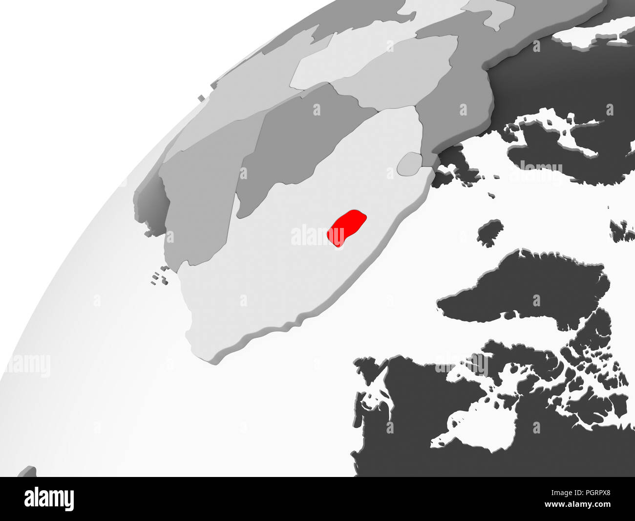 Map of Lesotho in red on grey political globe with transparent oceans ...