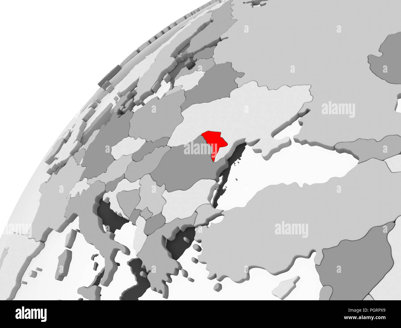 Map of Moldova in red on grey political globe with transparent oceans ...