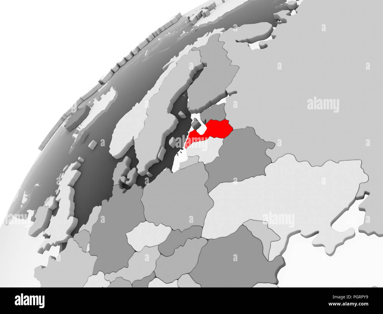 Map of Latvia in red on grey political globe with transparent oceans ...