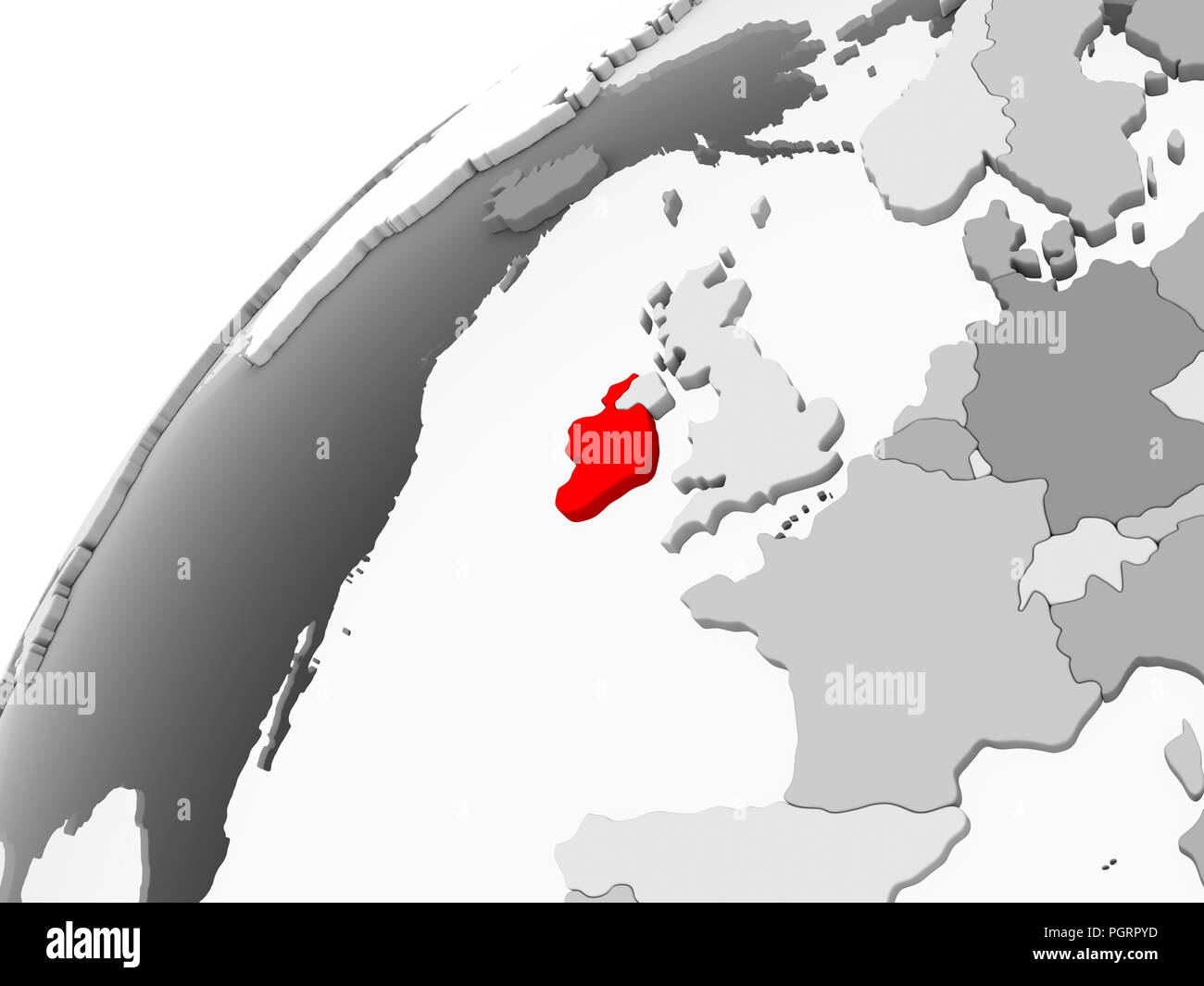 Map of Ireland in red on grey political globe with transparent oceans ...