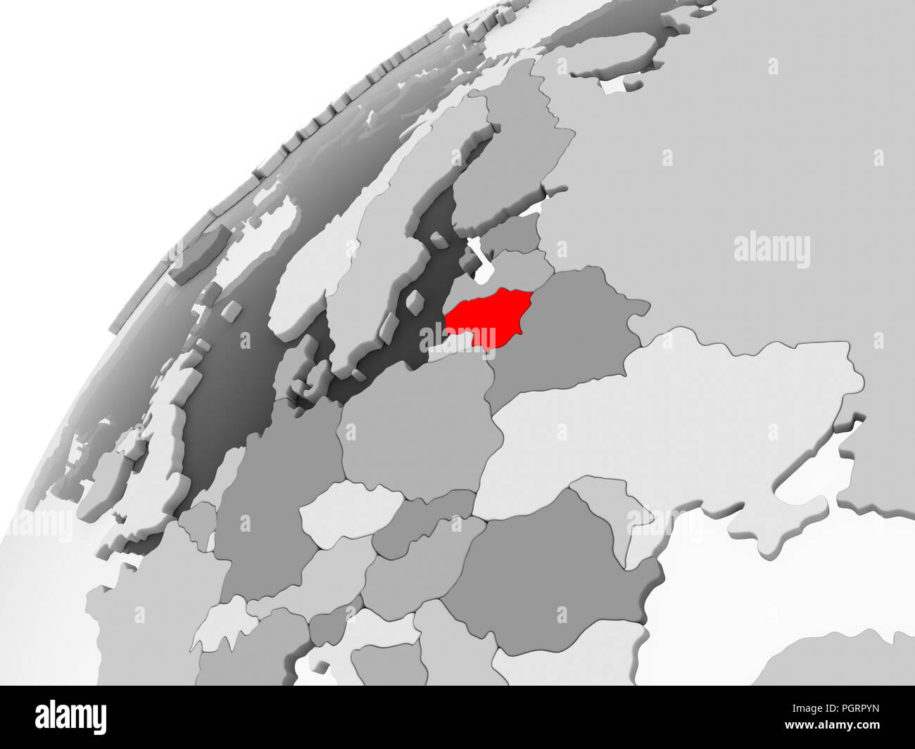 Map of Lithuania in red on grey political globe with transparent oceans ...