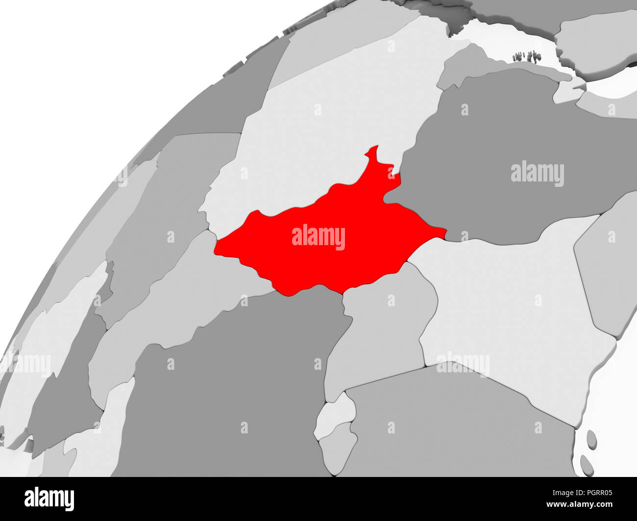 Map of South Sudan in red on grey political globe with transparent ...