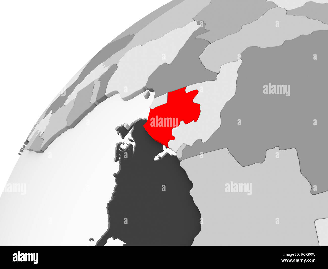 Map of Gabon in red on grey political globe with transparent oceans. 3D ...