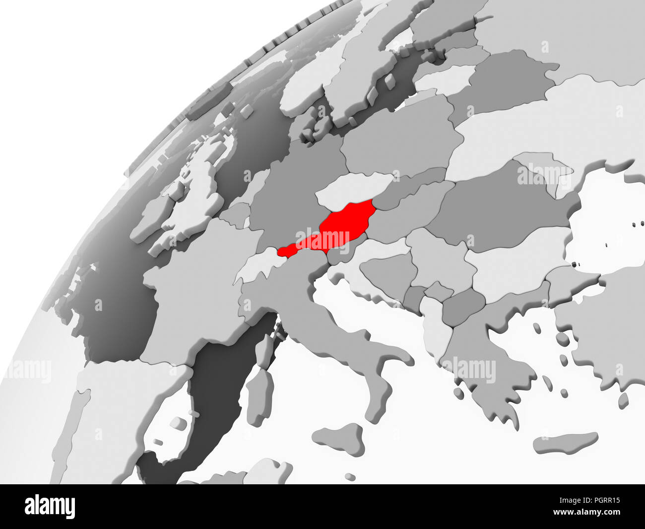 Map of Austria in red on grey political globe with transparent oceans ...