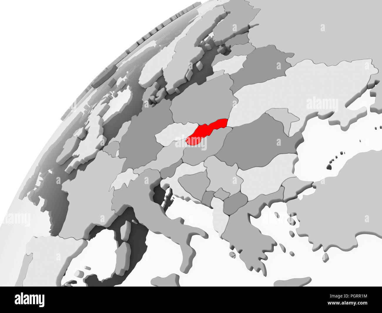 Map of Slovakia in red on grey political globe with transparent oceans ...