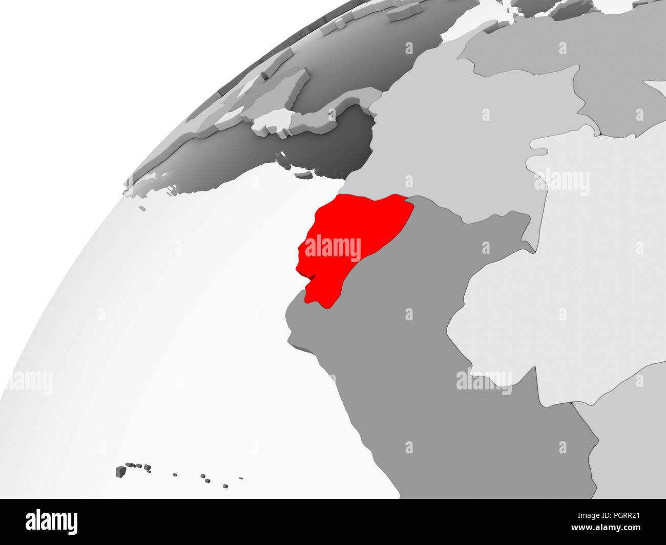 Map of Ecuador in red on grey political globe with transparent oceans ...
