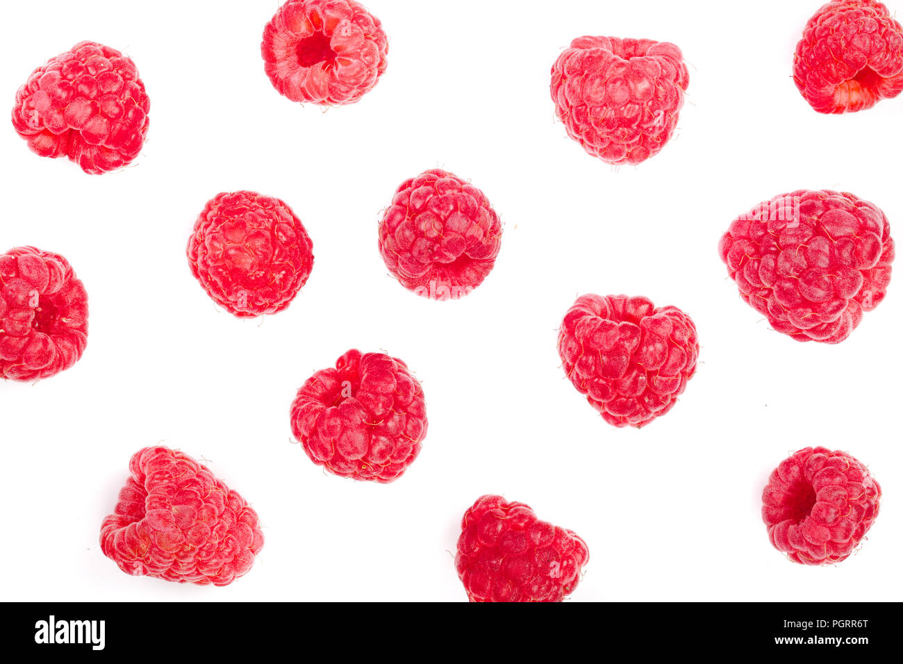 raspberries isolated on white background. Top view. Flat lay pattern ...