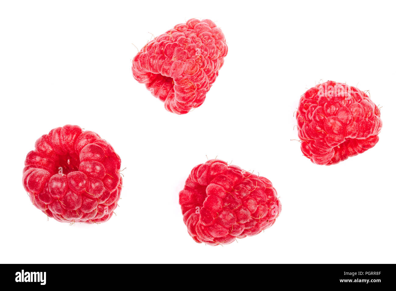 raspberries isolated on white background. Top view. Flat lay pattern ...