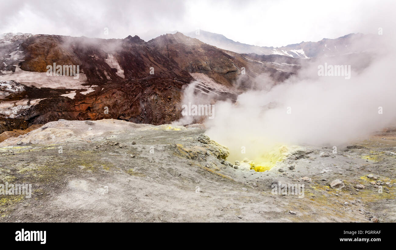 Steaming, sulfuric, active fumaroles near volcano Mutnovsky, Kamchatka ...