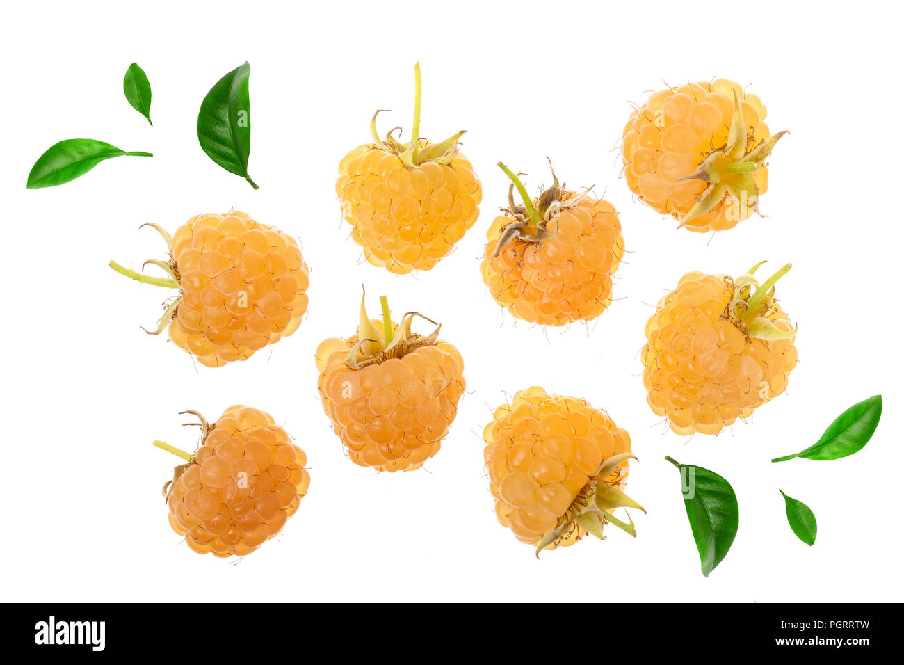 Yellow raspberries isolated on white background. Top view. Flat lay ...