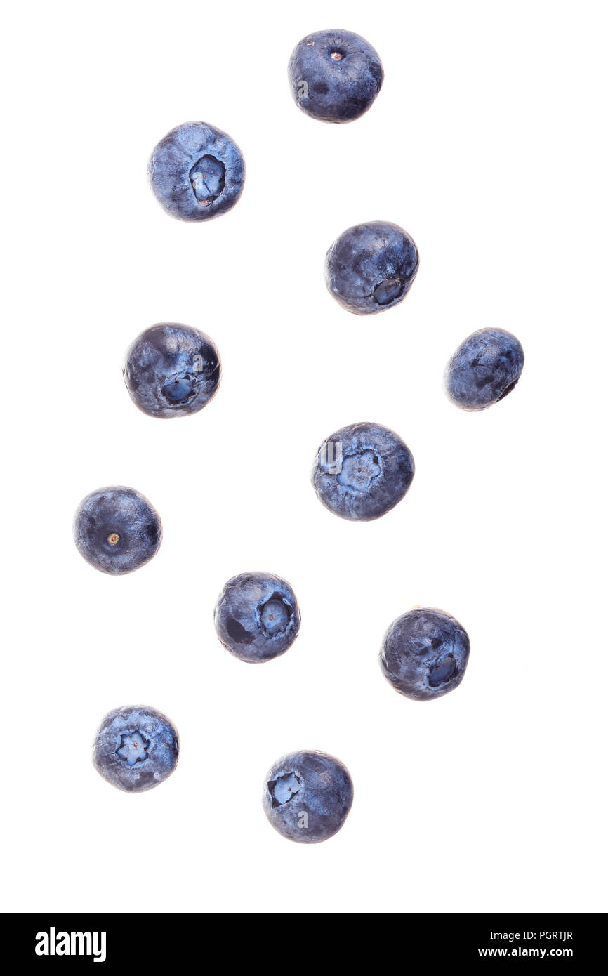 falling fresh ripe blueberry isolated on white background. Top view ...