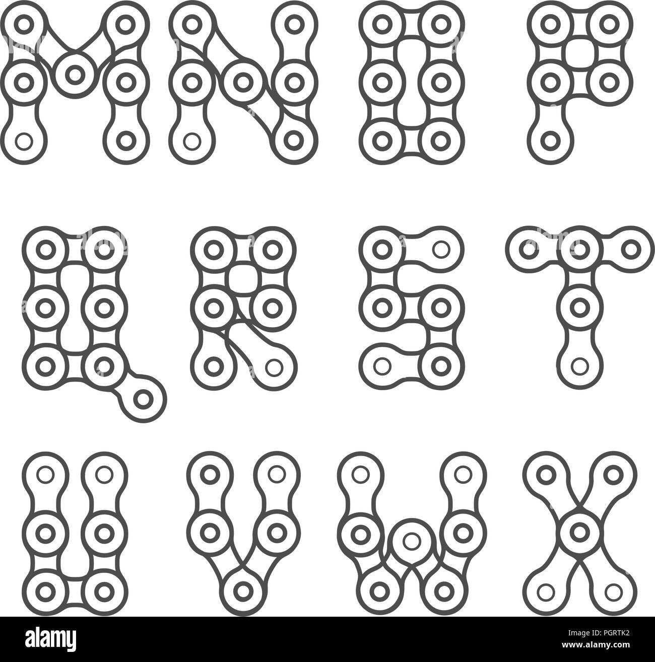 Bike or Bicycle Chain Monochrome Line Vector Font. Bike Chain Letter ...