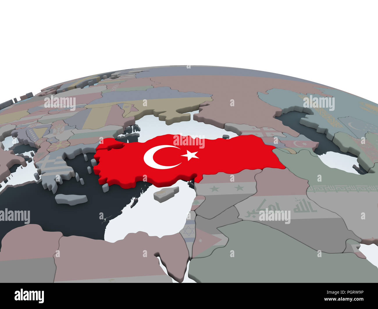 Turkey on political globe with embedded flag. 3D illustration Stock ...
