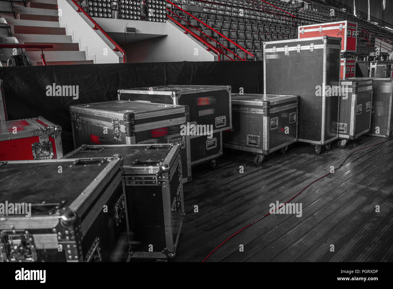 black and white photography. boxes for equipment. preparation for a ...