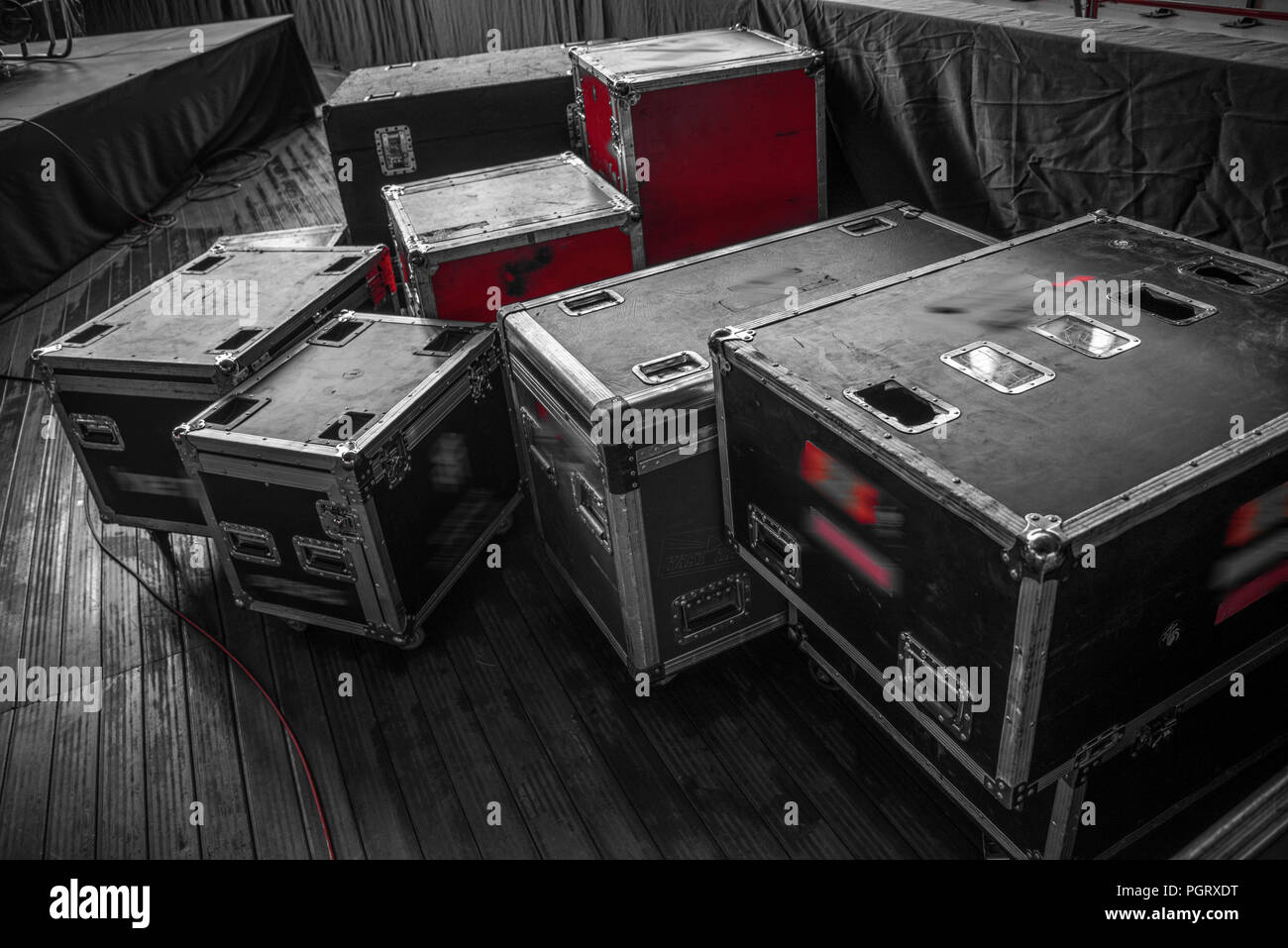 black and white photography. boxes for equipment. preparation for a ...