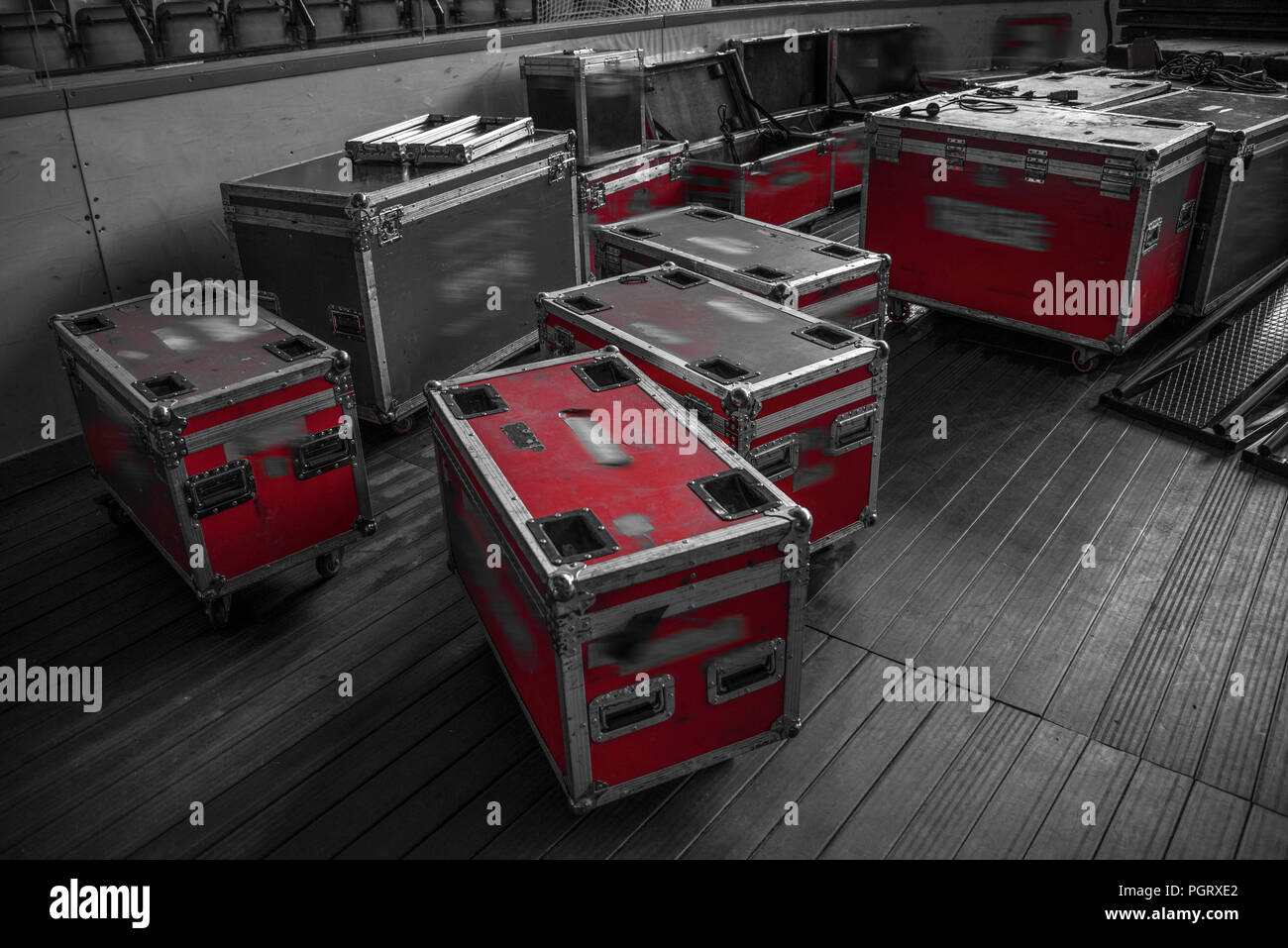 boxes for equipment. preparation for a concert. black and white ...