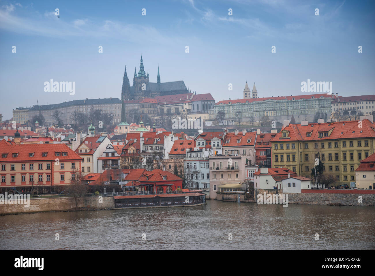 Scenic summer panorama of the Old Town architecture with Vltava river ...