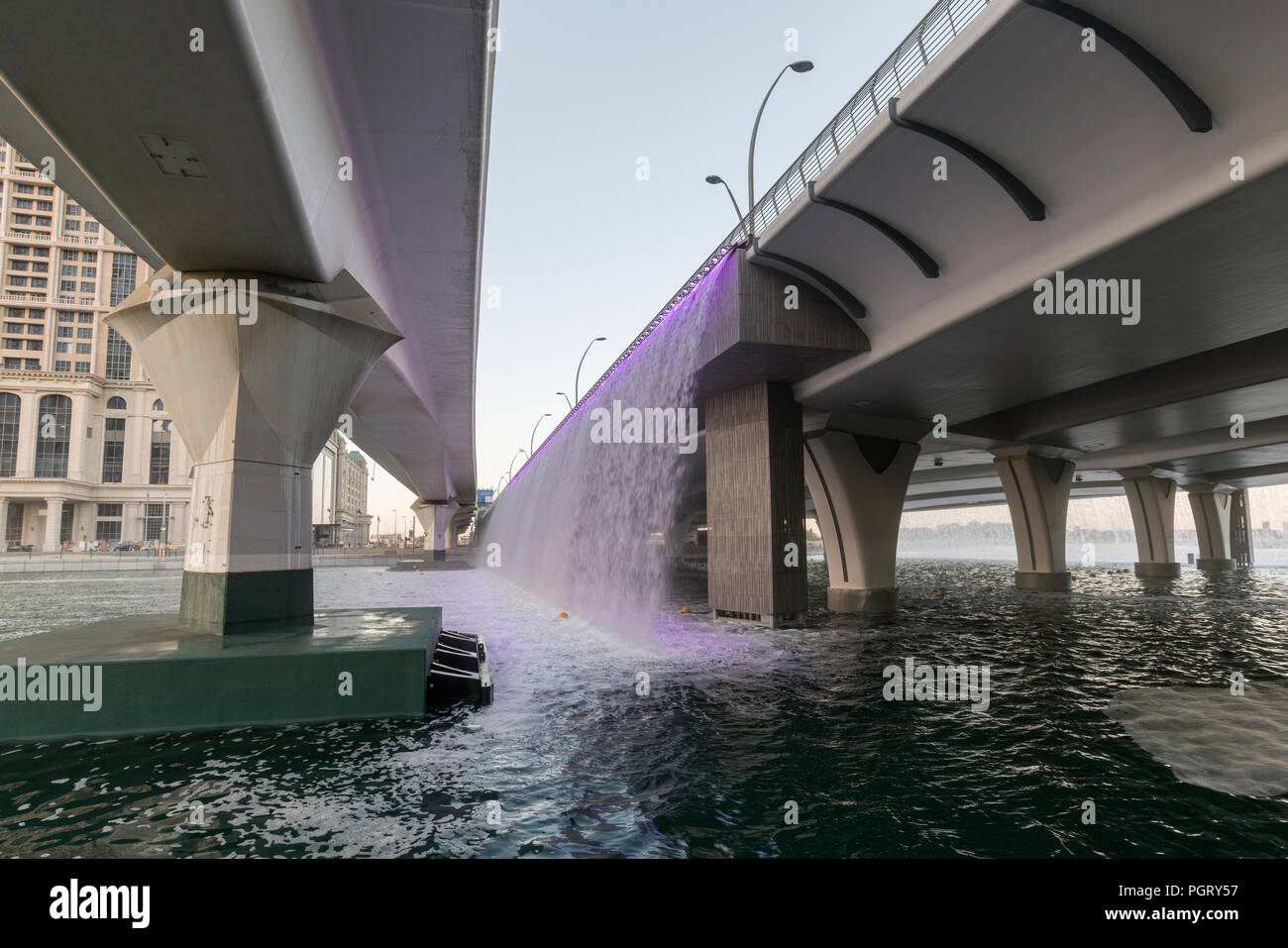 The Dubai Water Canal waterfall, where the canal meets Sheikh Zayed ...