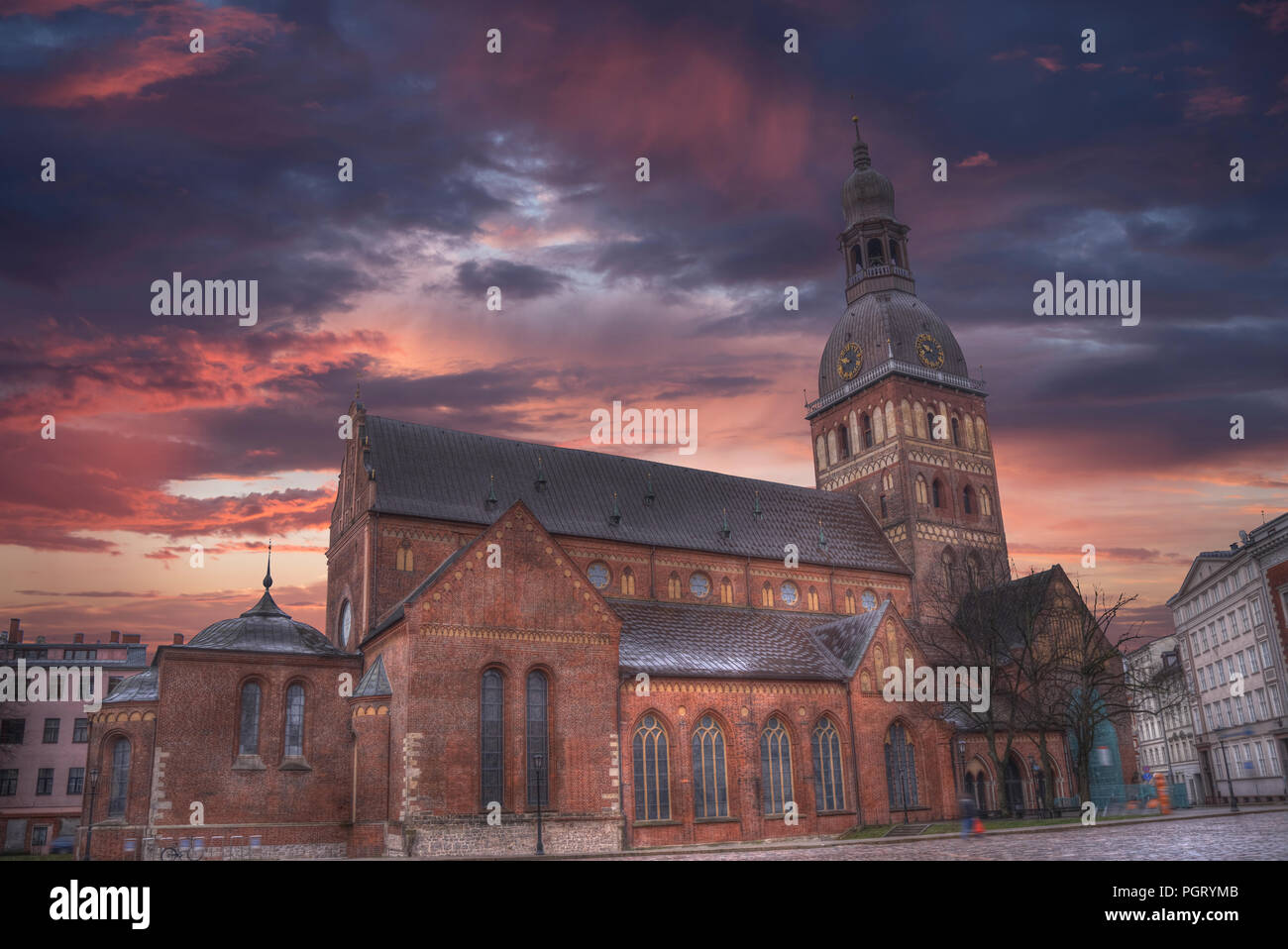 Riga Church of St. Peter and the streets of the ancient city Stock ...