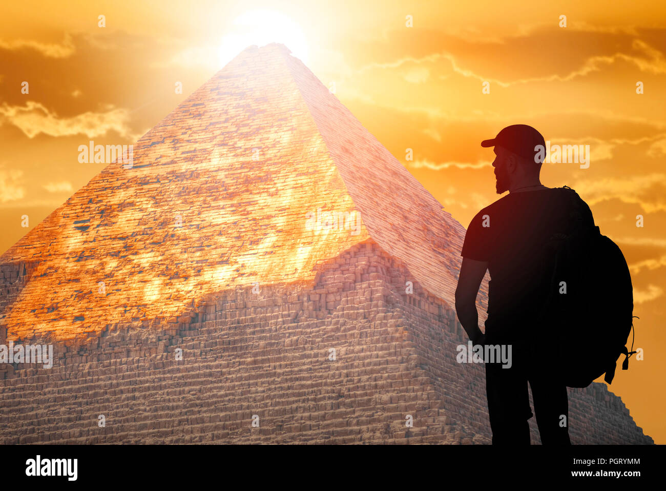 silhouette of a man on the background of the pyramids in Giza. Egypt ...
