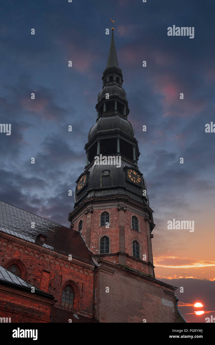 Riga Church of St. Peter and the streets of the ancient city Stock ...