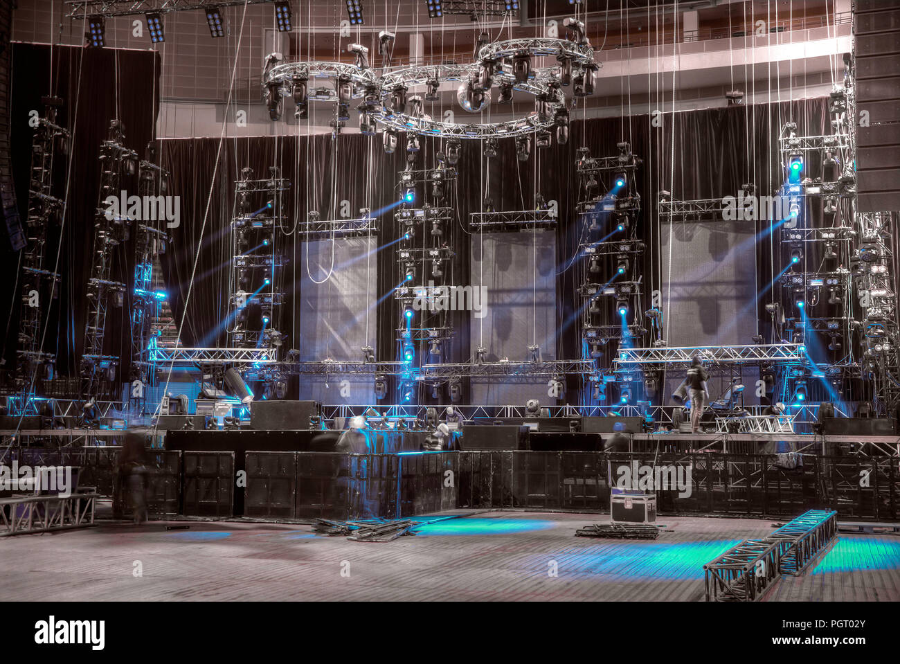 Technical preparation for the big concert indoors. Backstage Stock ...