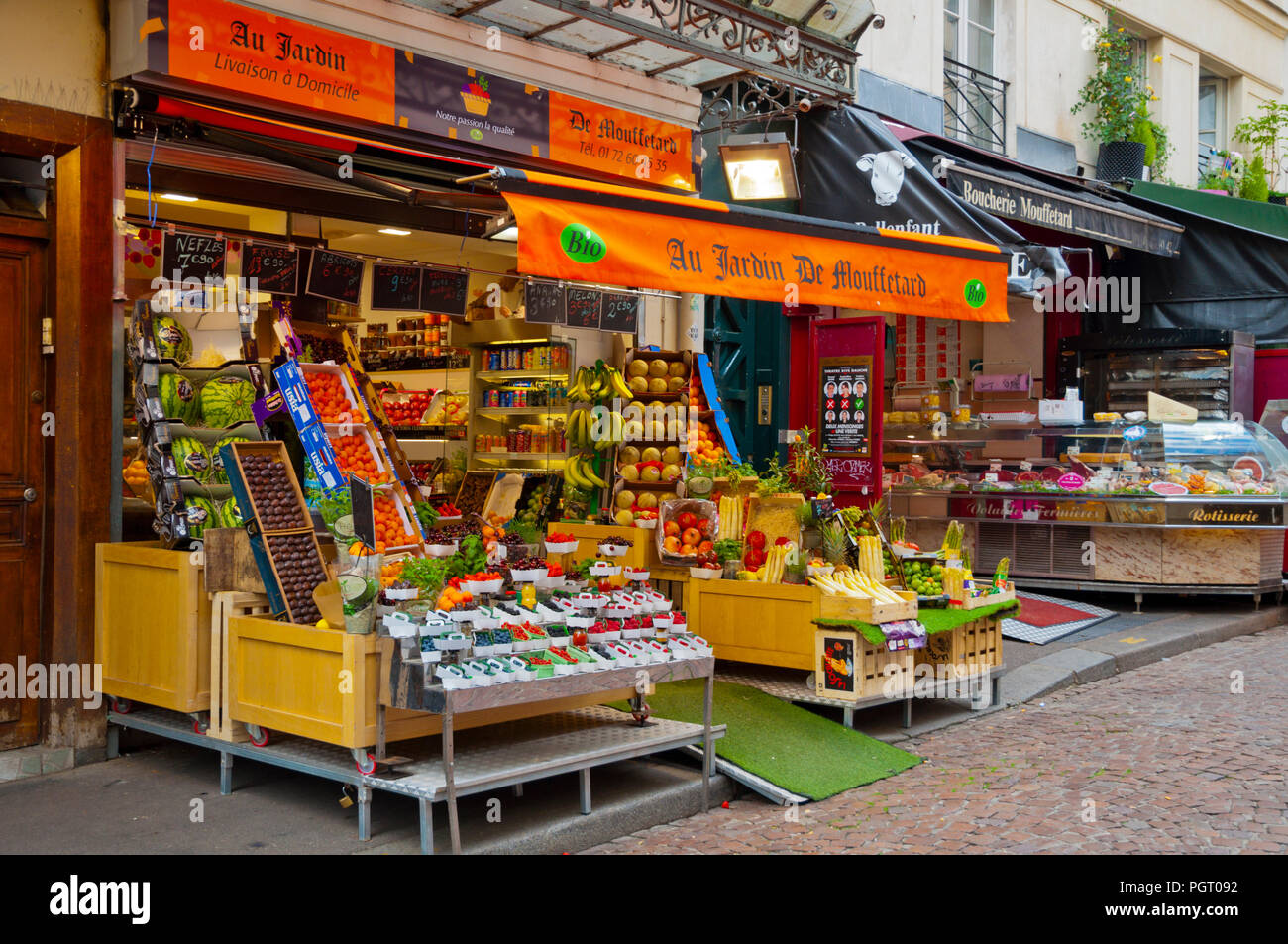 Fruit and vegetable shop and other shops, Rue Mouffetard, Latin Quarter ...