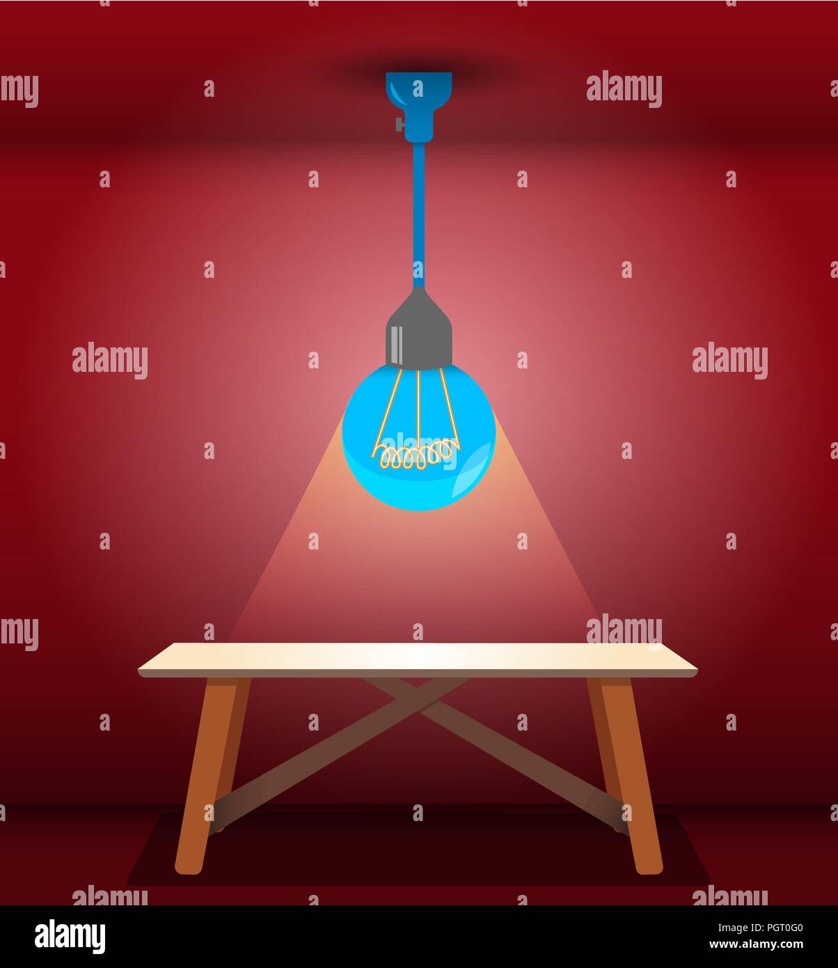 Glowing modern design ceiling lamp above a table illustration Stock ...