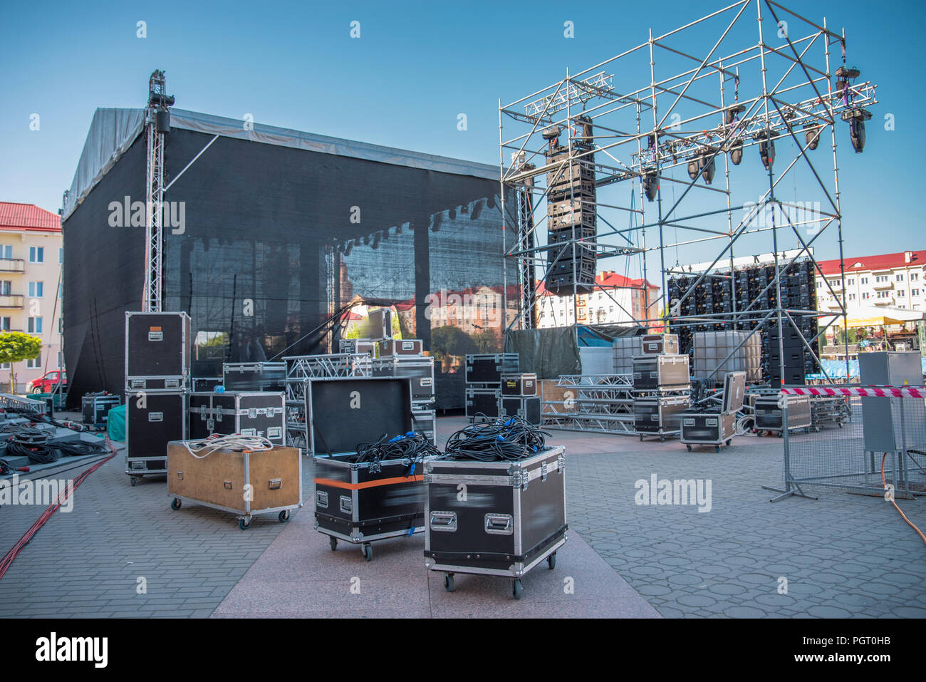 stage before the concert shines the beams of searchlights Stock Photo ...
