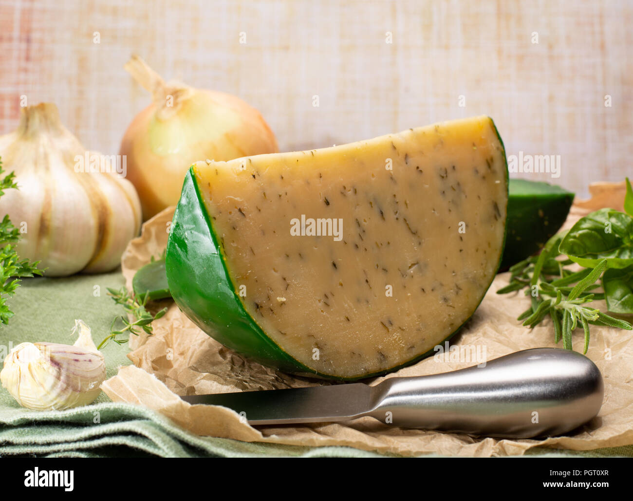 Dutch specialty hard cheese made from cows milk with different spices ...