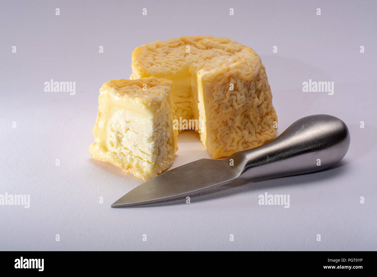 French AOC Langres soft cow crumbly cheese with washed rind structure ...
