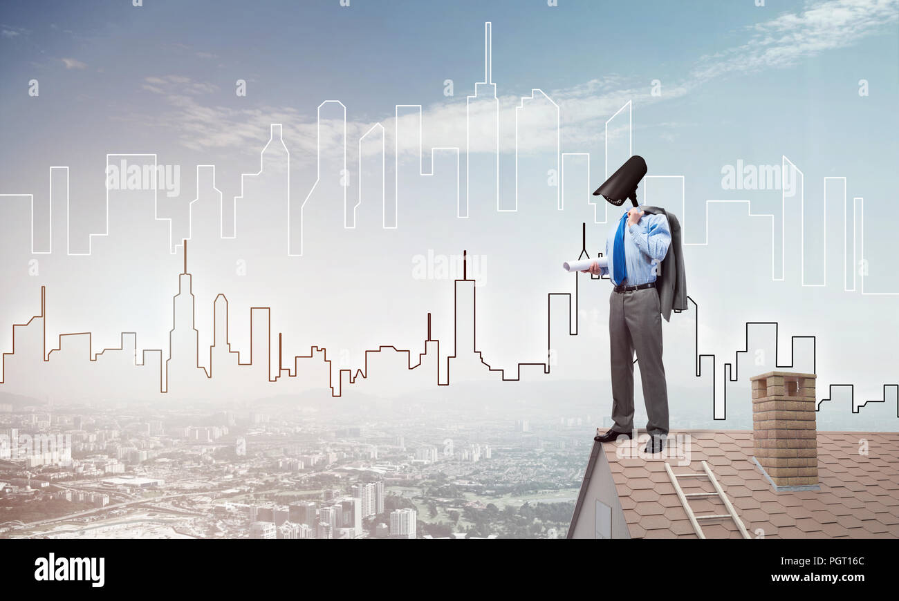 Concept of home security and privacy protection with camera headed man ...