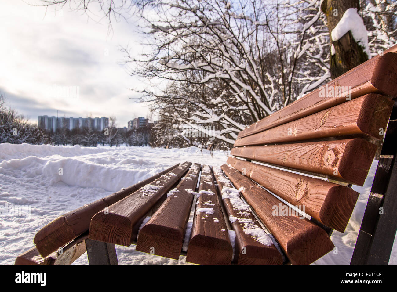 Frosty park path with empty bench hi-res stock photography and images ...