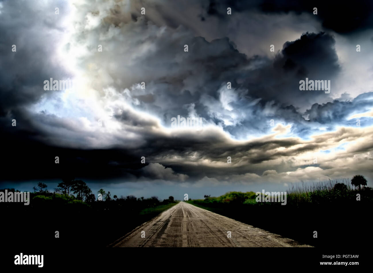 Dark thunder clouds and dramatic storms fill the sky over the swamp in ...
