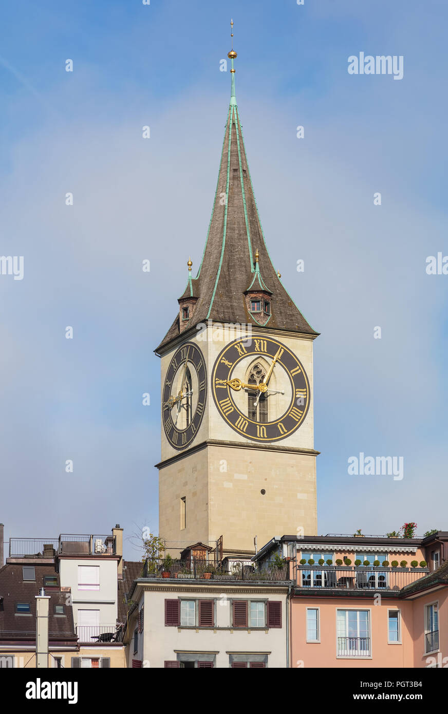 Tower of the St. Peter Church in the city of Zurich, Switzerland Stock ...