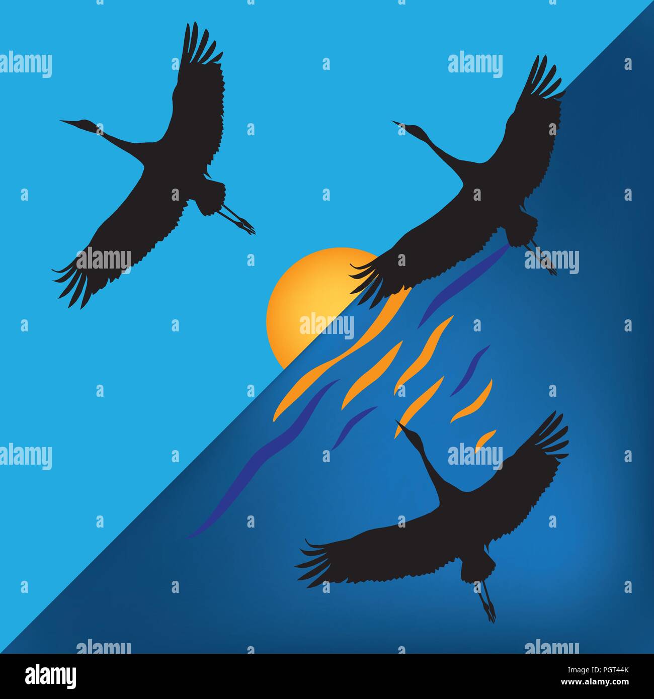 vector illustration with scene of the cranes on sundown sun Stock ...