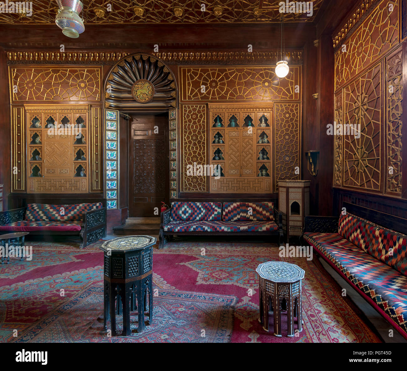 Manial Palace of Prince Mohammed Ali. Guests Hall with wooden ornate ...