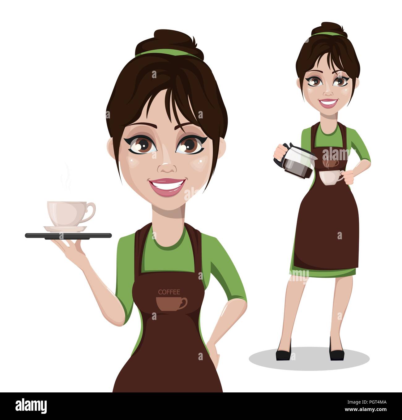 Young beautiful female barista in professional uniform, set of two ...