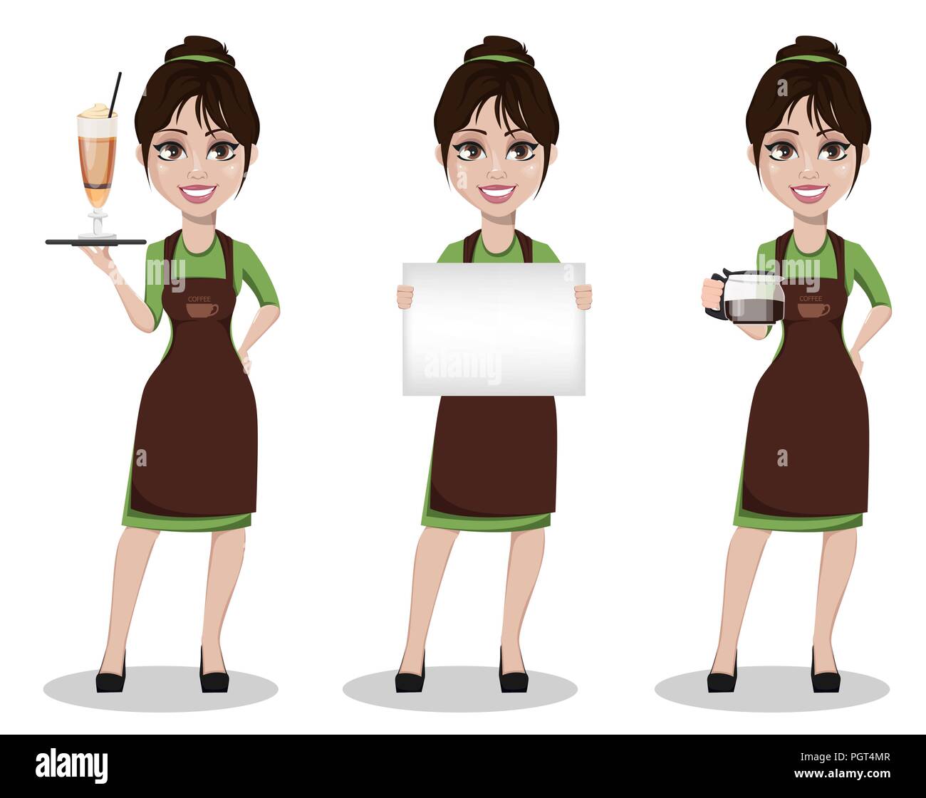 Young beautiful female barista in professional uniform, set of three ...