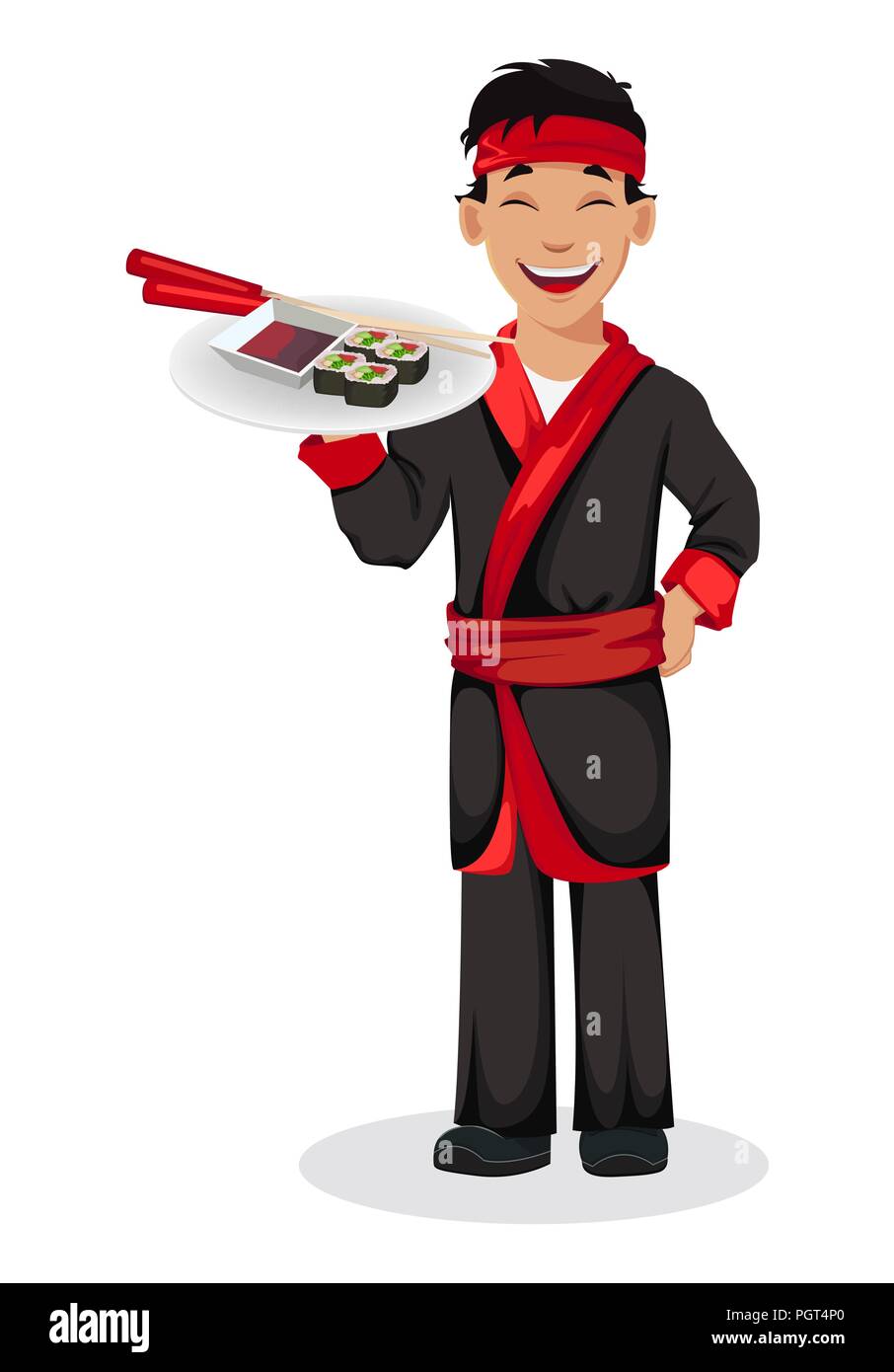 Japanese chef cooking sushi rolls. Handsome cartoon character holding ...
