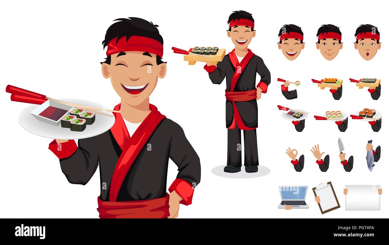 Japanese chef cooking sushi rolls. Handsome cartoon character, pack of ...