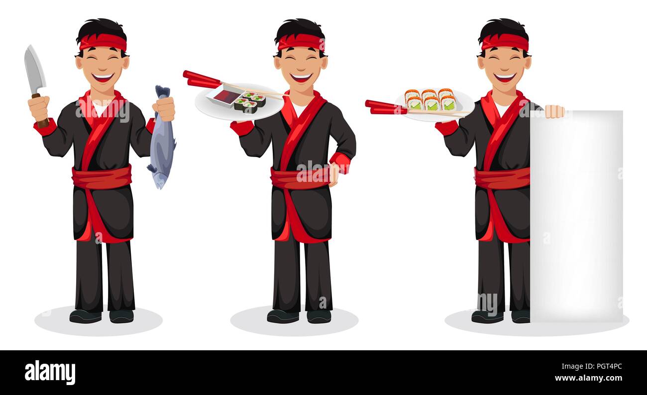 Japanese chef cooking sushi rolls, set of three poses. Handsome cartoon ...